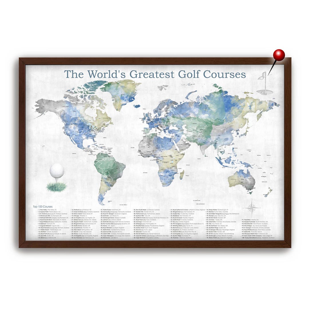 Top Golf Courses World Map. Push Pin Golf Quest Map, Mark Golfing ...