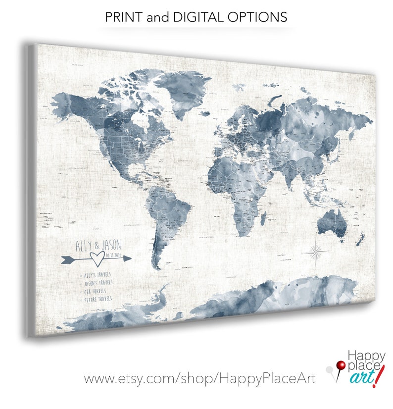 Muted Blue Gray World Map With Cities Large Watercolor Map in | Etsy