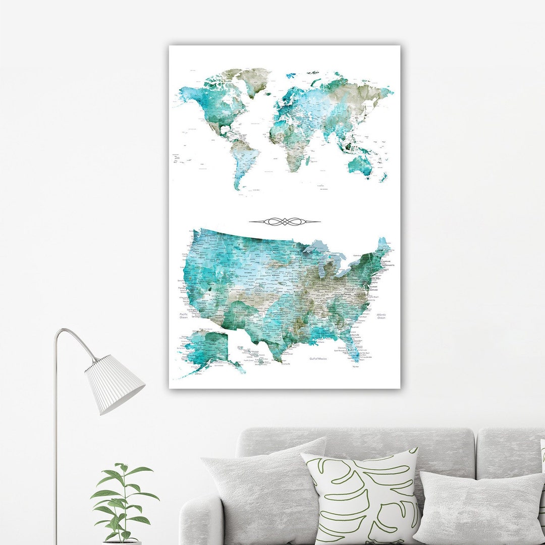 Two Maps in One Print. USA and World Pin Maps, Gift for Husband ...