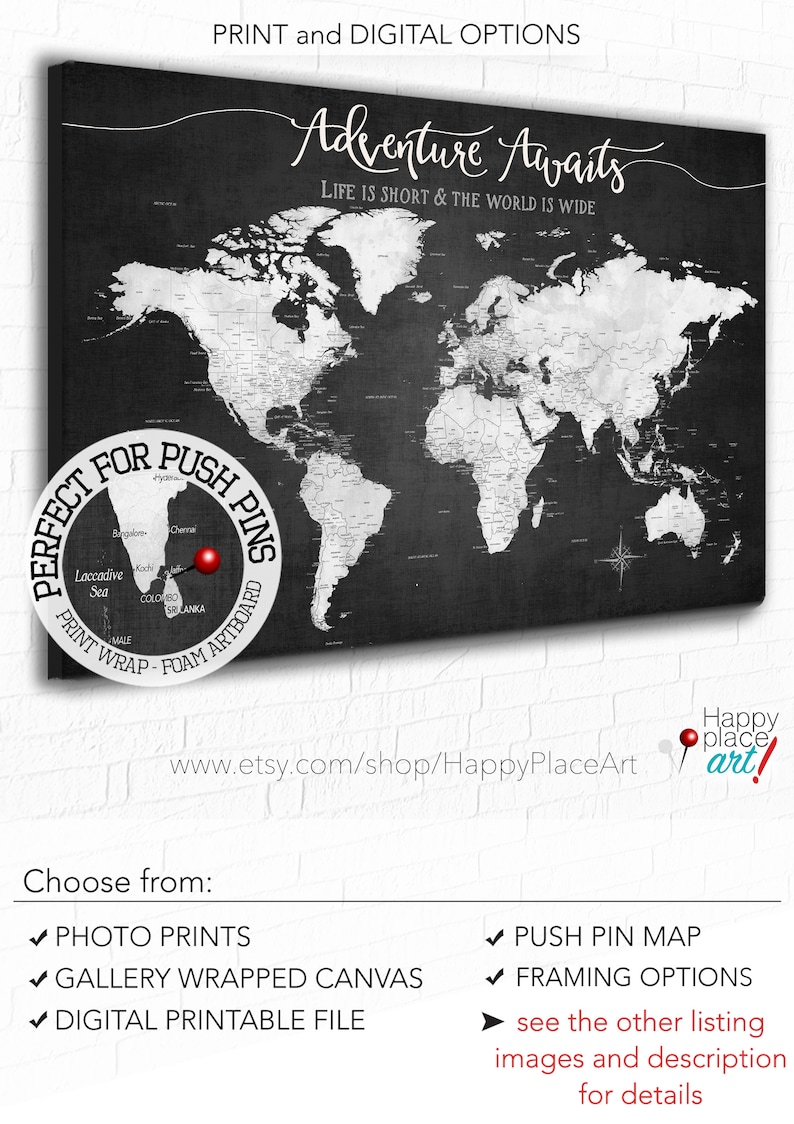 Push Pin World Map Modern Push Pin Mounted Canvas Map Board | Etsy