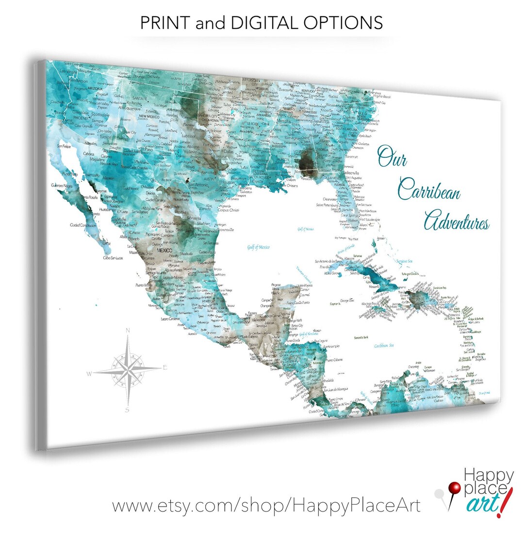 Personalized Caribbean Map of Travels, Island Adventures or Cruise Map ...