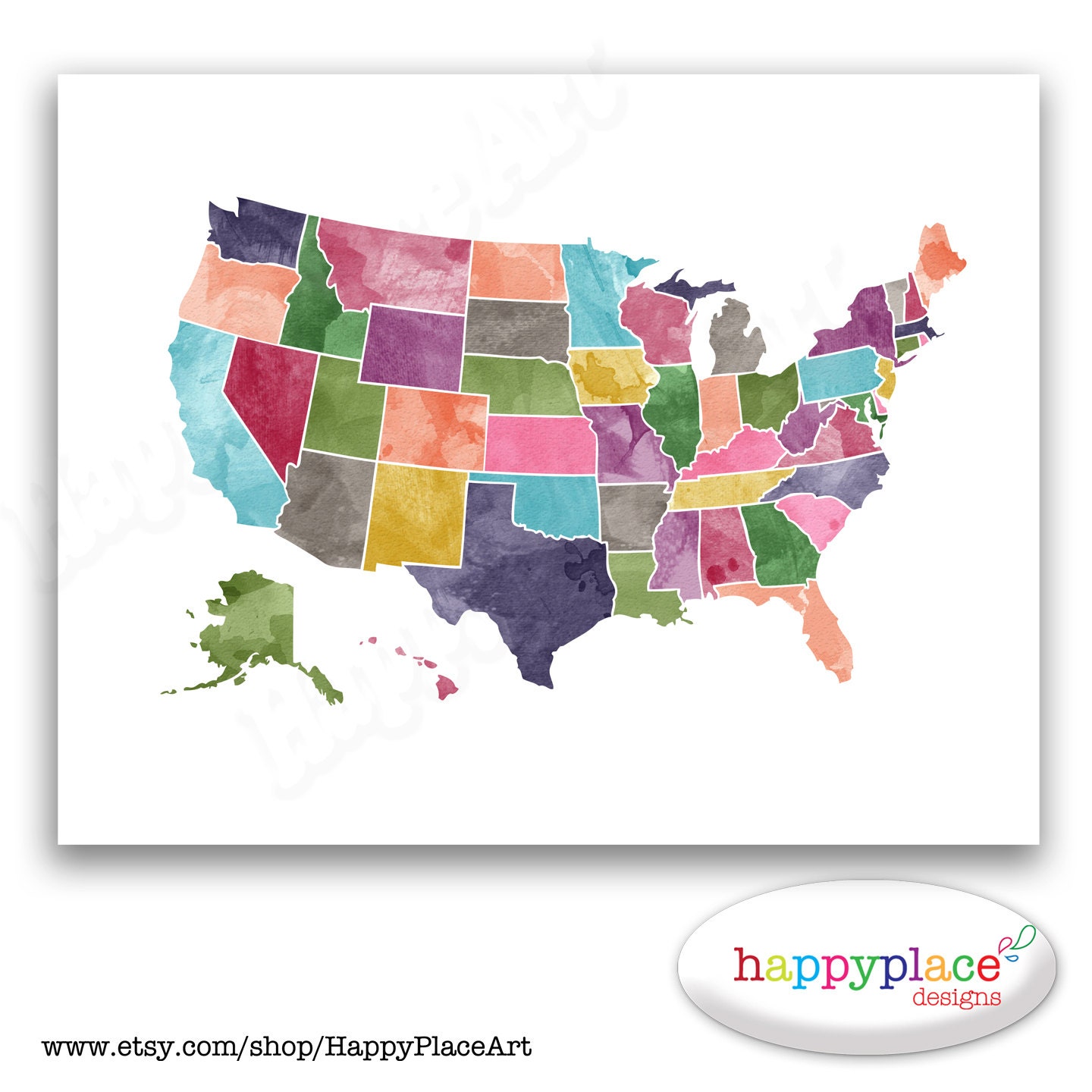 Bright Watercolor USA Map Printable for Instant Download in 8x10 ...