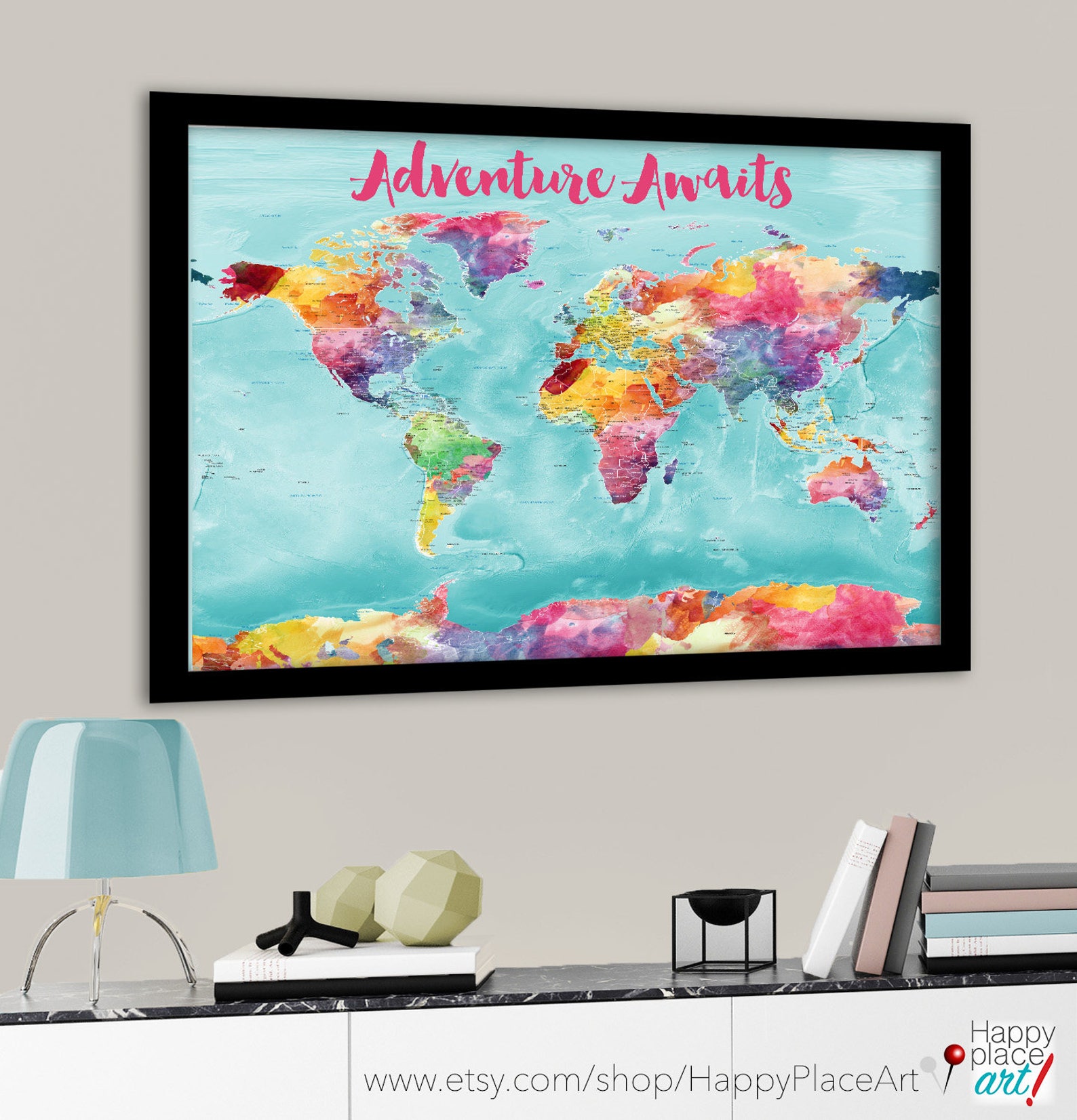 Colorful World Map Bright World Map With US States Cities - Etsy