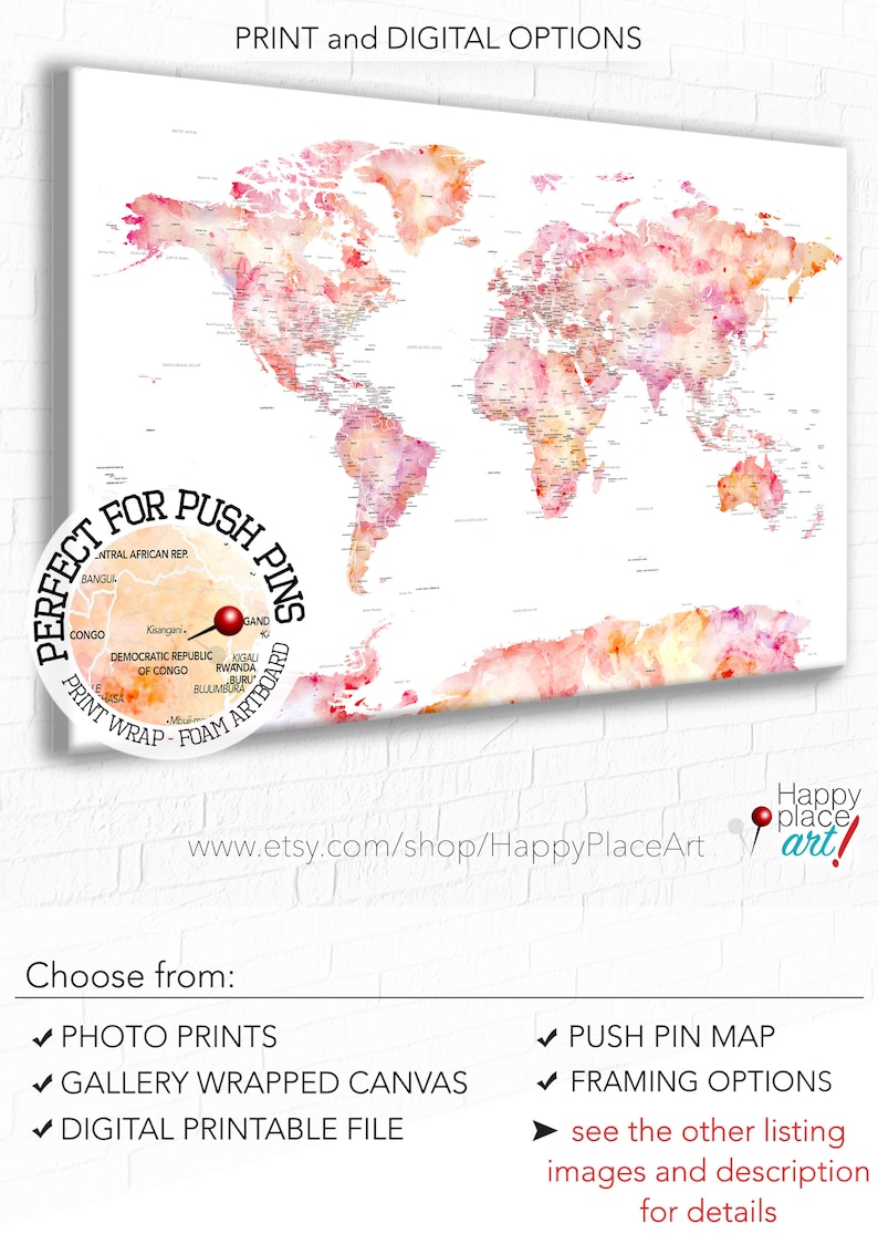 Pretty World Map Pink Watercolor Map Personalized Framed Pin | Etsy