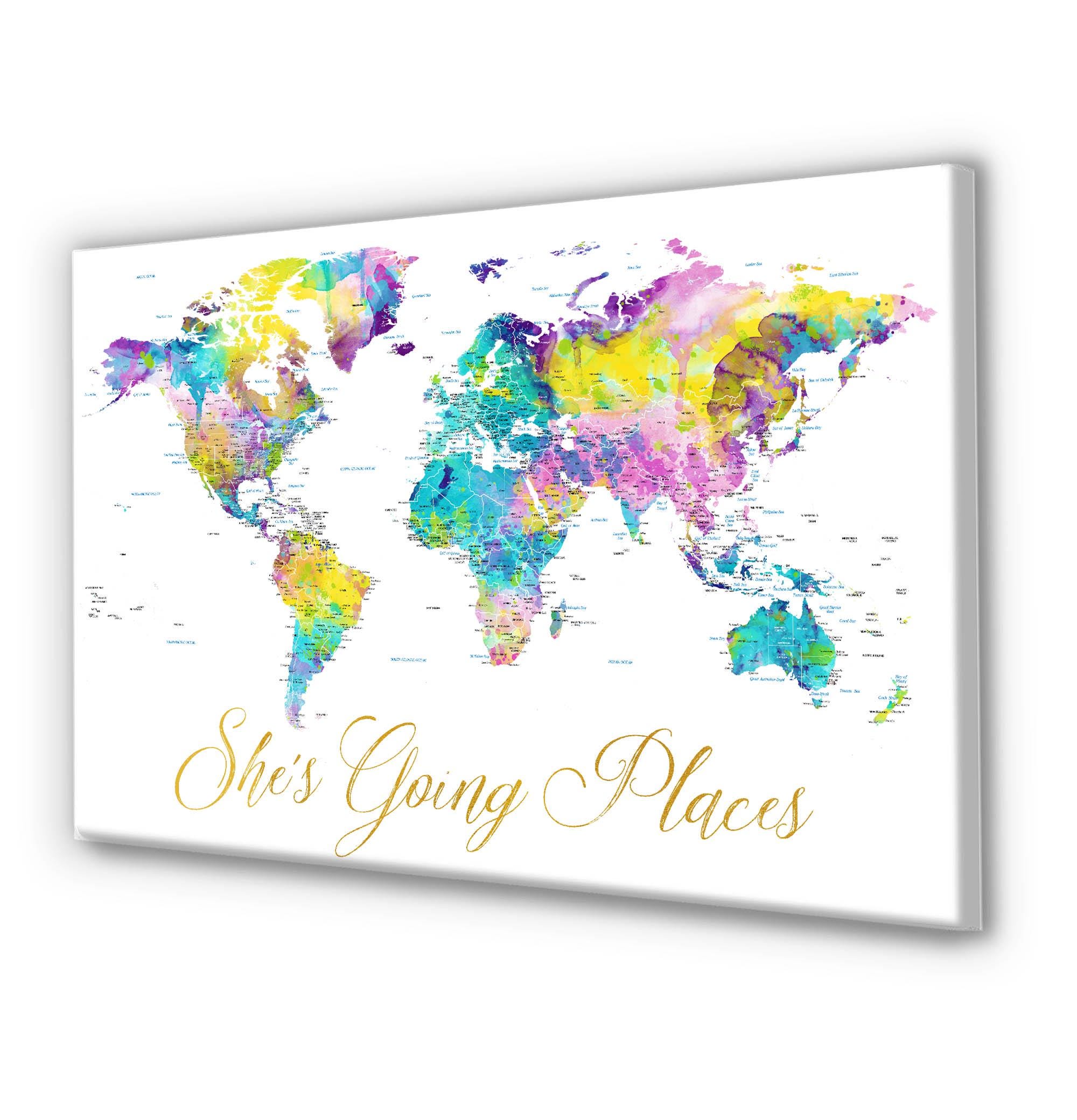 She's Going Places World Map With Lots of Detail. Personalized Push Pin ...