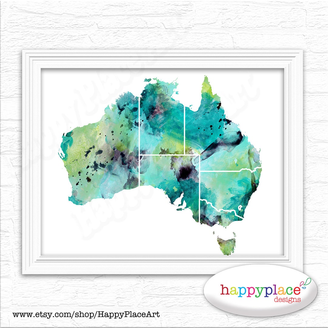 Watercolour Map of Australia, Large Australian Map Poster Turquoise ...