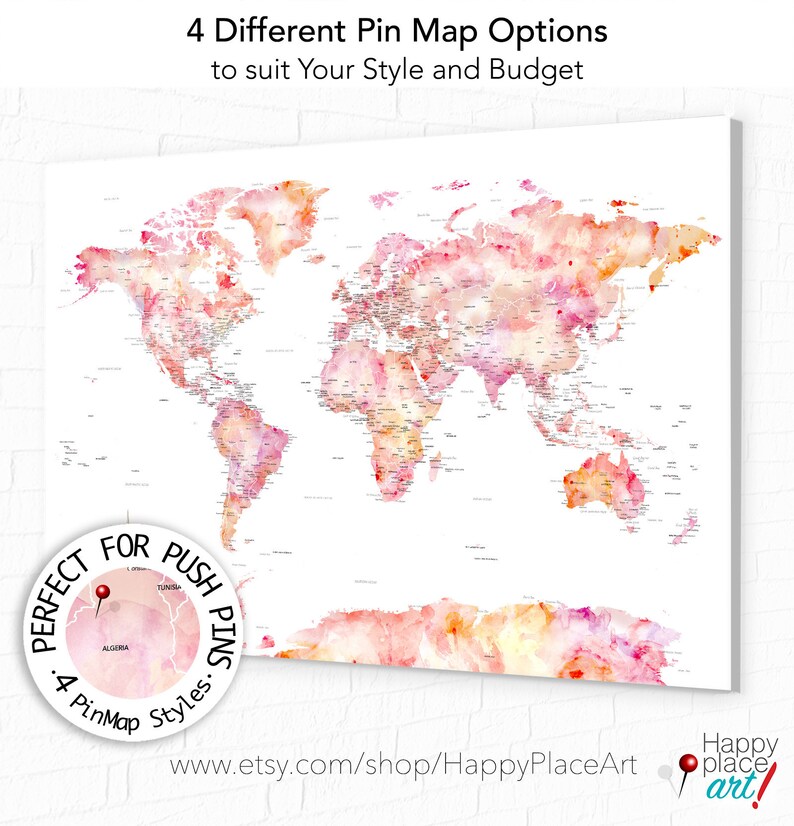 Pretty World Map Pink Watercolor Map Personalized Framed Pin - Etsy