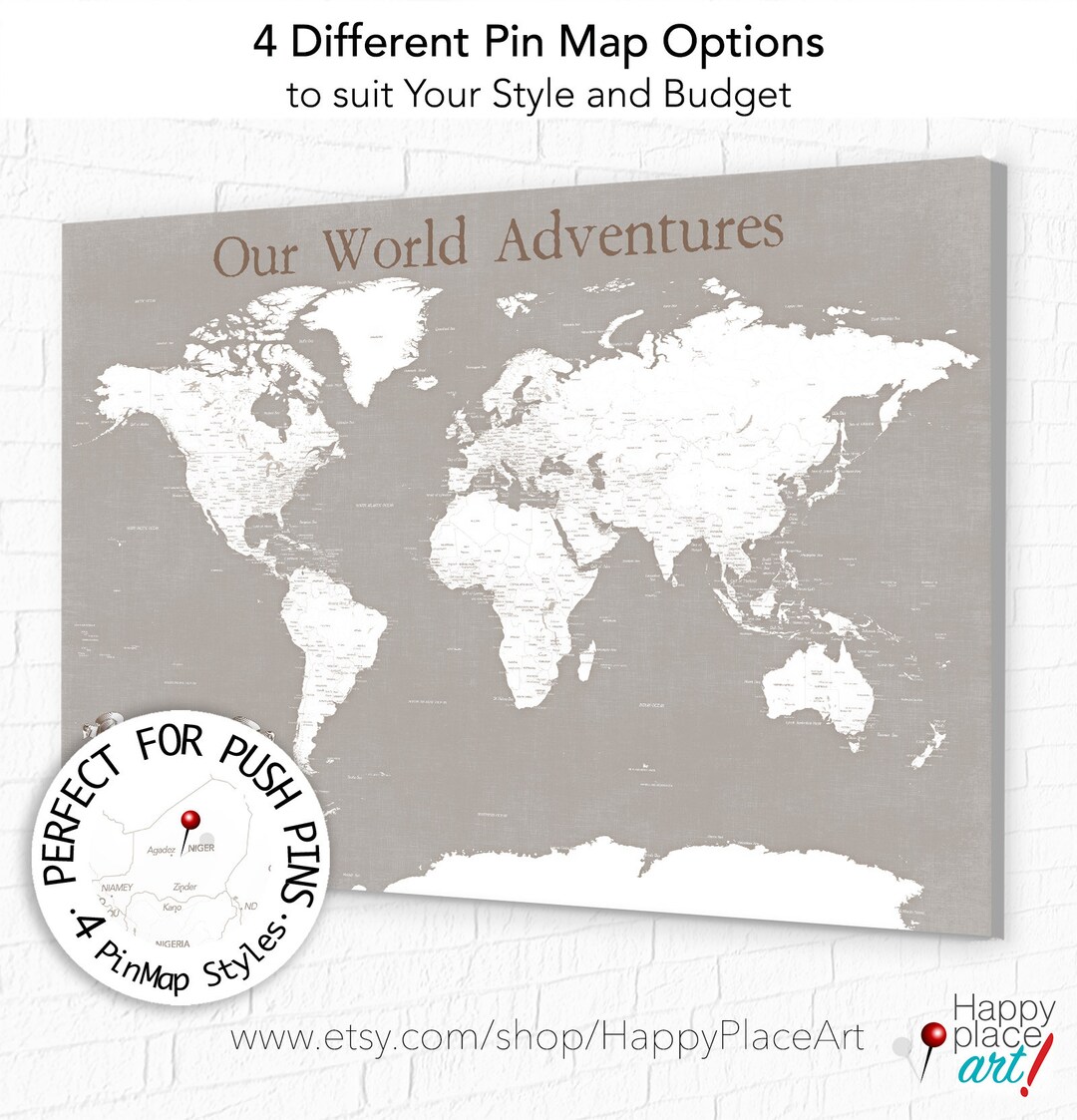 Push Pin Map of World With Cities, Light Taupe Wall Art, Adventure Map ...