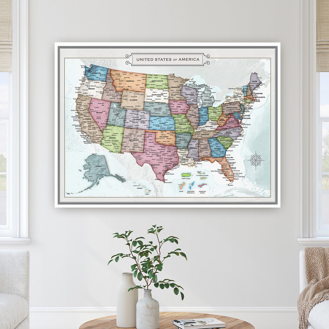 Beautiful USA Wall Map Canvas or Print, Detailed United States Push Pin ...
