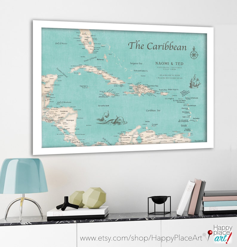 Personalized Push Pin Map of Caribbean With Frame or Ready to Hang ...