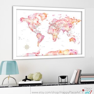 Pretty World Map, Pink Watercolor Map, Personalized Framed Pin Map to ...