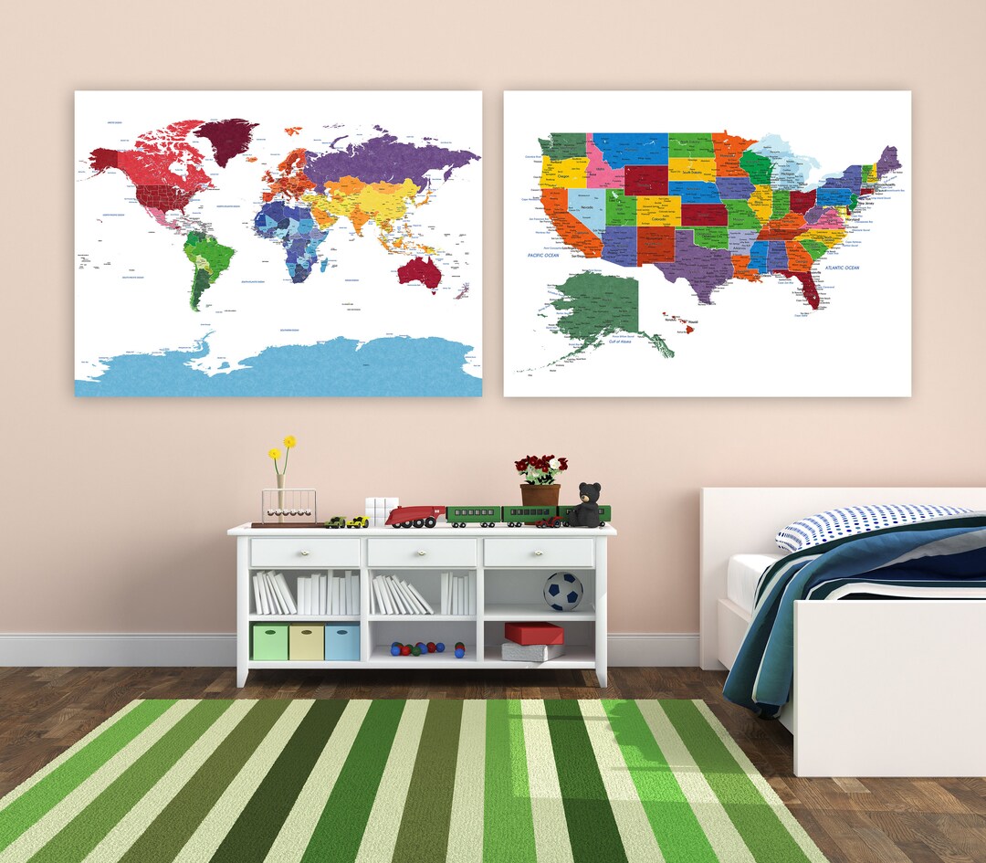 Set of 2 Map Prints, Bright Primary Colors, Homeschool Maps, World Map ...