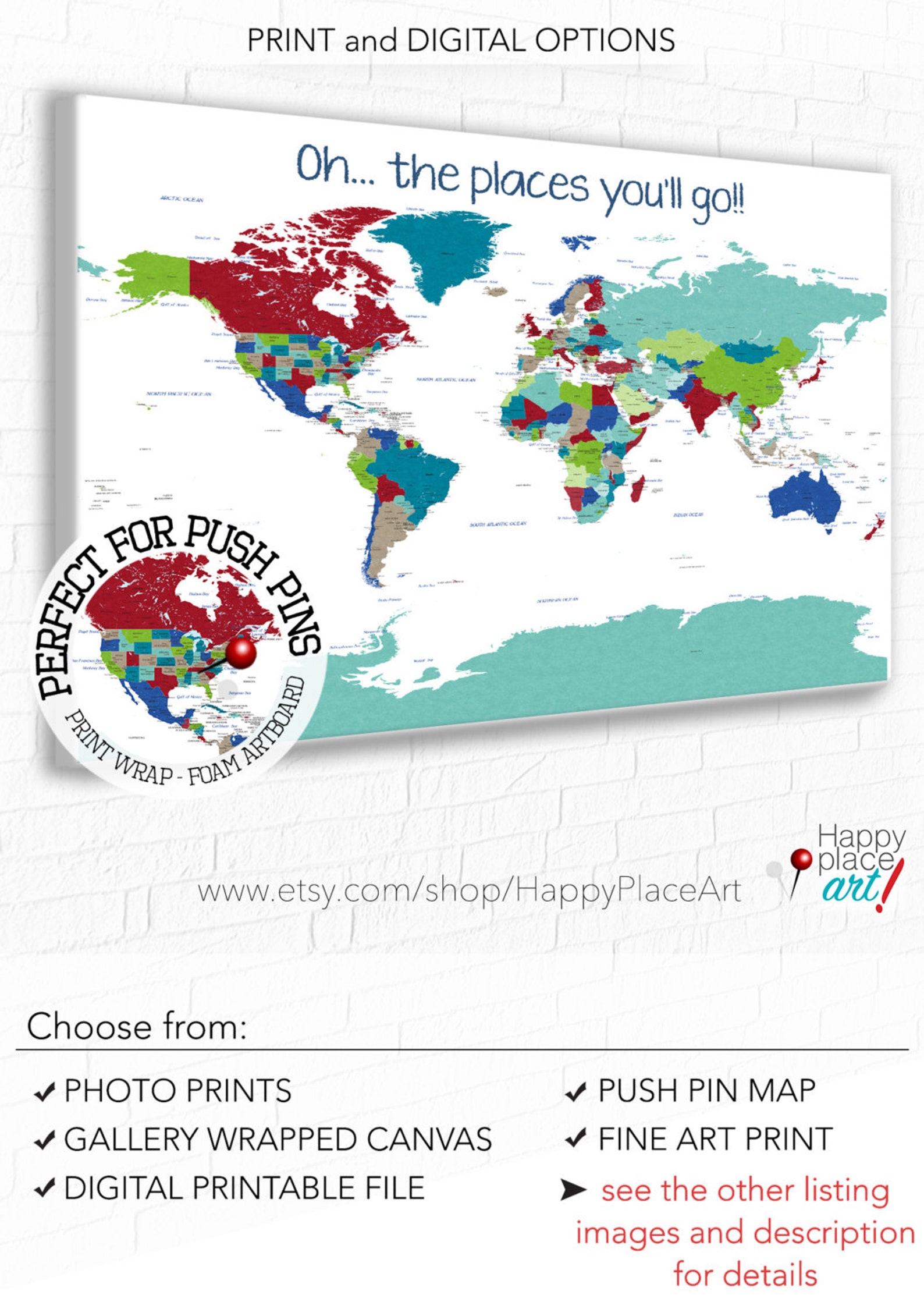 Educational Map Print, Bright Colours, Push Pin World Map With Quote ...