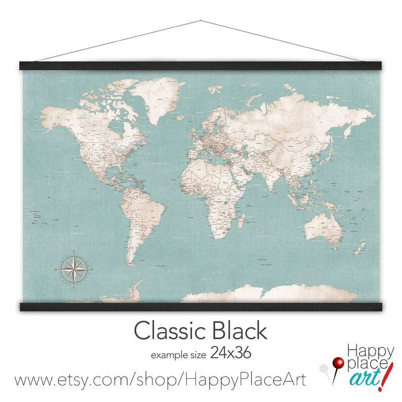 Vintage Style Canvas Wall Map Art Print With Modern World Map Cities ...