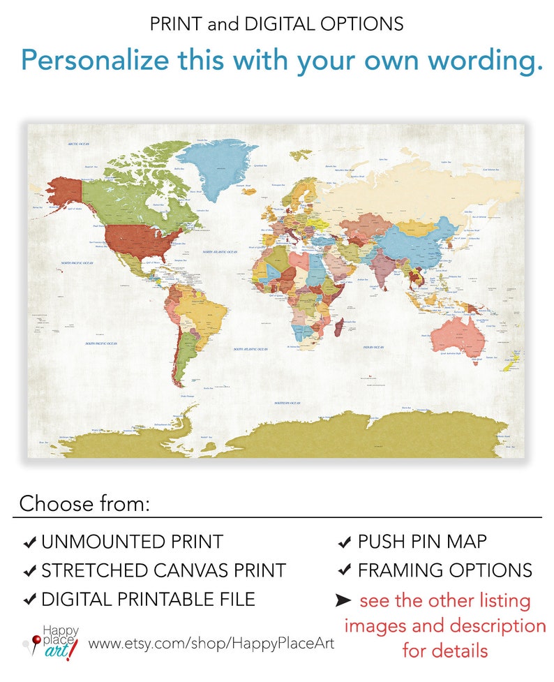 Large World Map Modern Detailed Map Art Political Country | Etsy