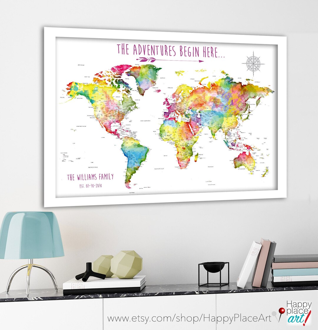 World Map Pin Board Map With Canvas, Family Push Pin World Map, Perfect ...