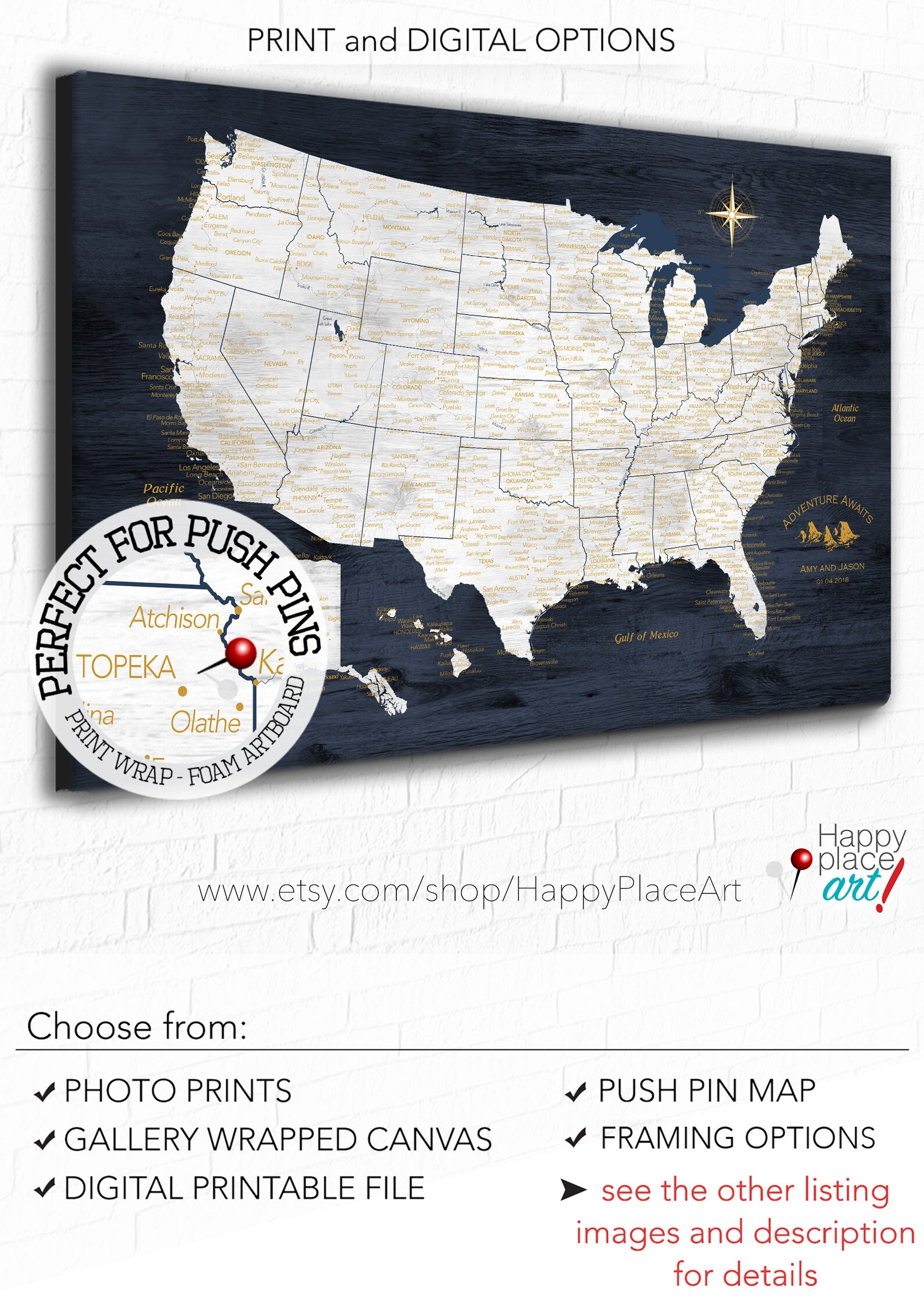 Very Detailed USA Push Pin Map With Cities and States - Etsy