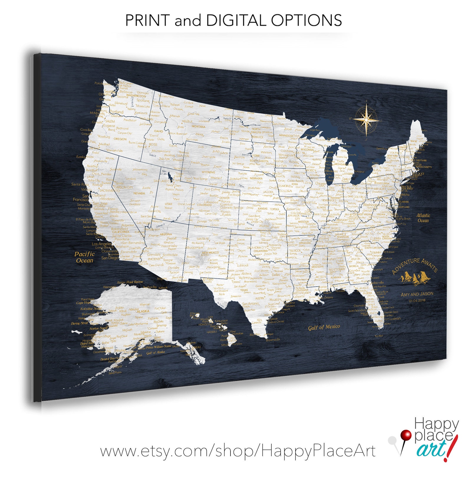Very Detailed USA Push Pin Map With Cities and States - Etsy