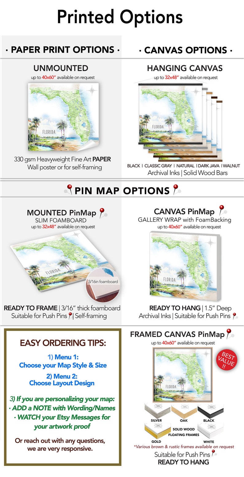 Push Pin Map of Florida Map FL State Map With Cities, Canvas Wall Art ...