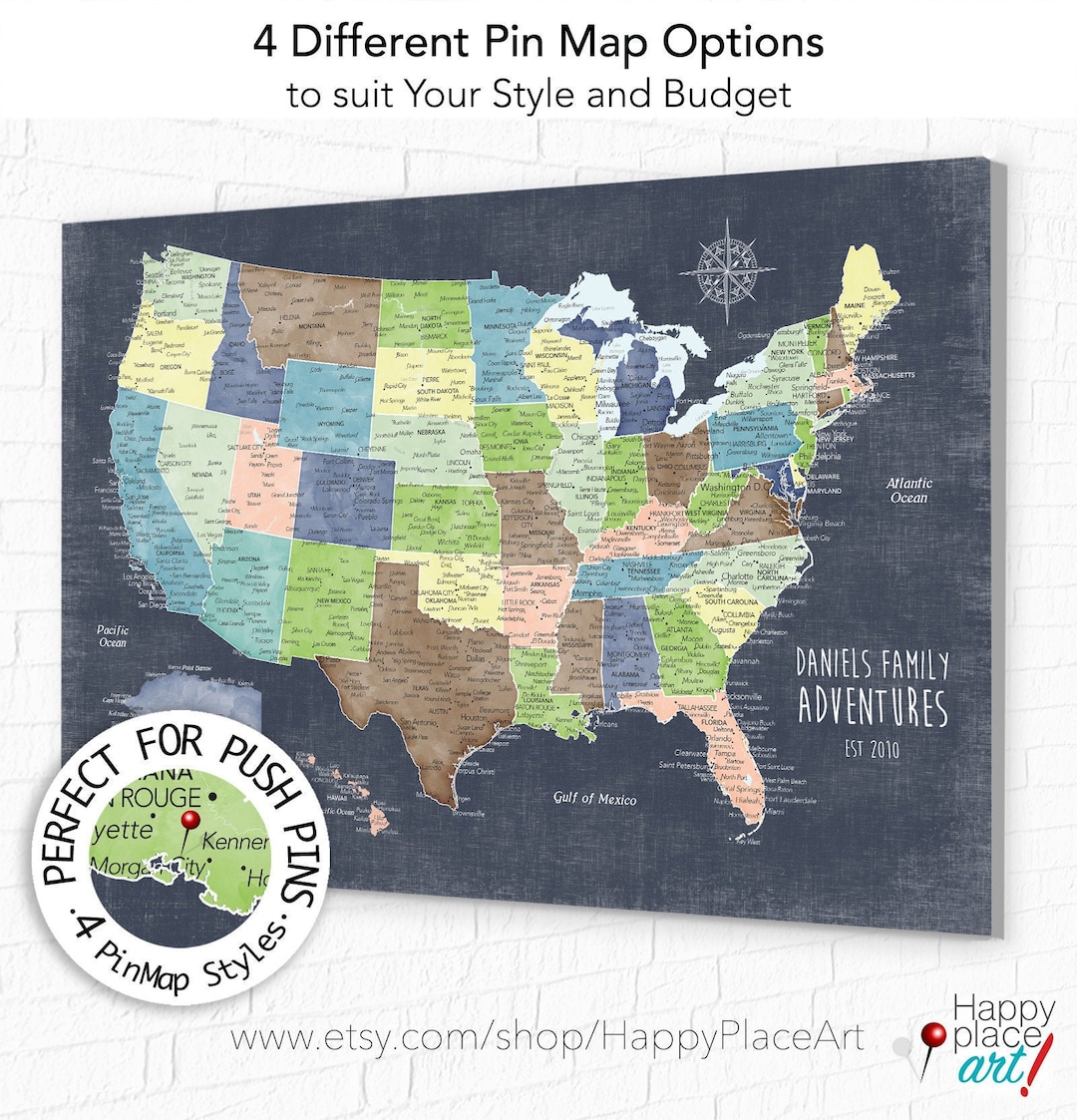 Personalized USA Push Pin Map for Family Travels - Etsy