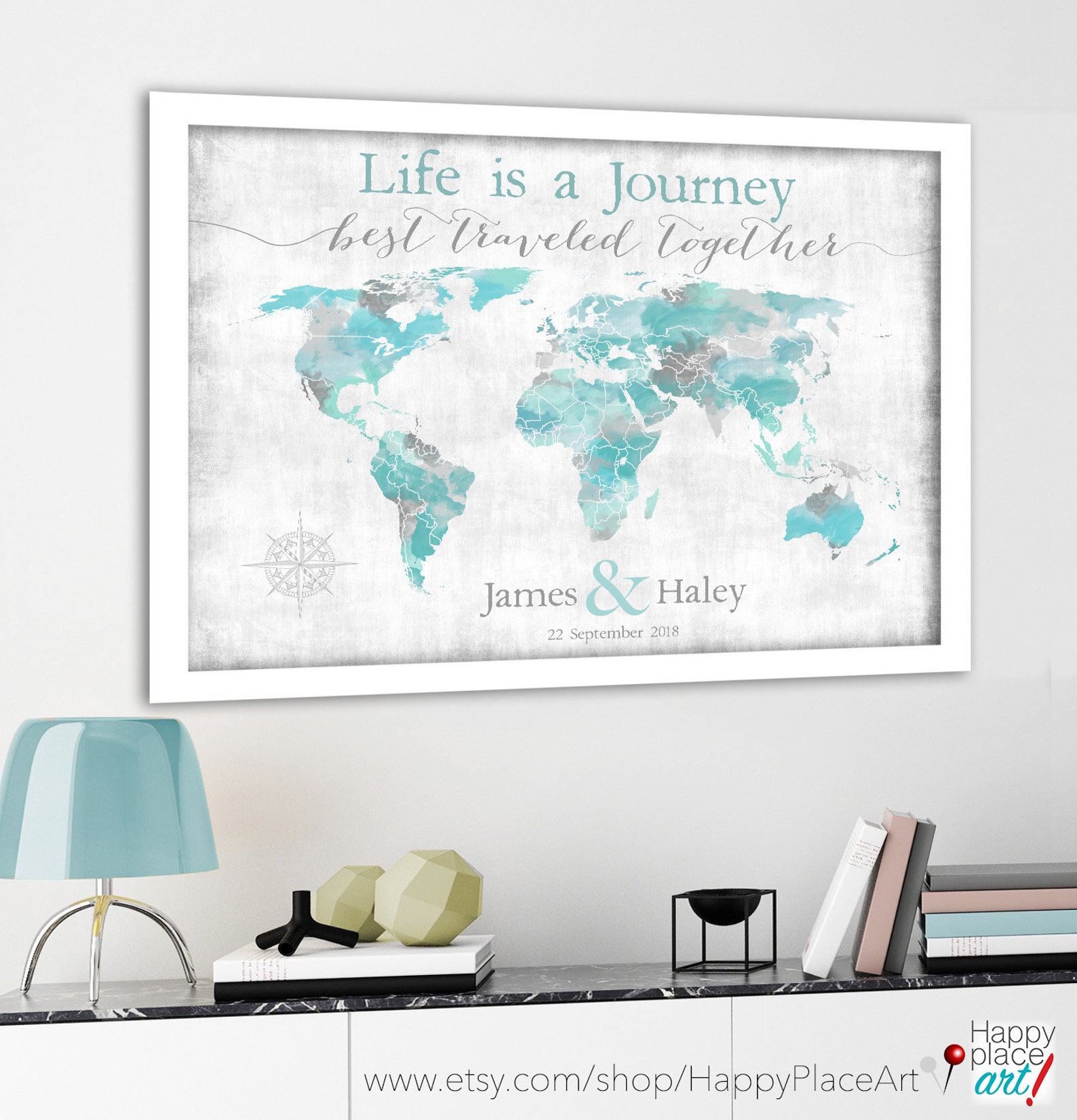 Aqua and Gray Turquoise World Map With Personalised Message. | Etsy