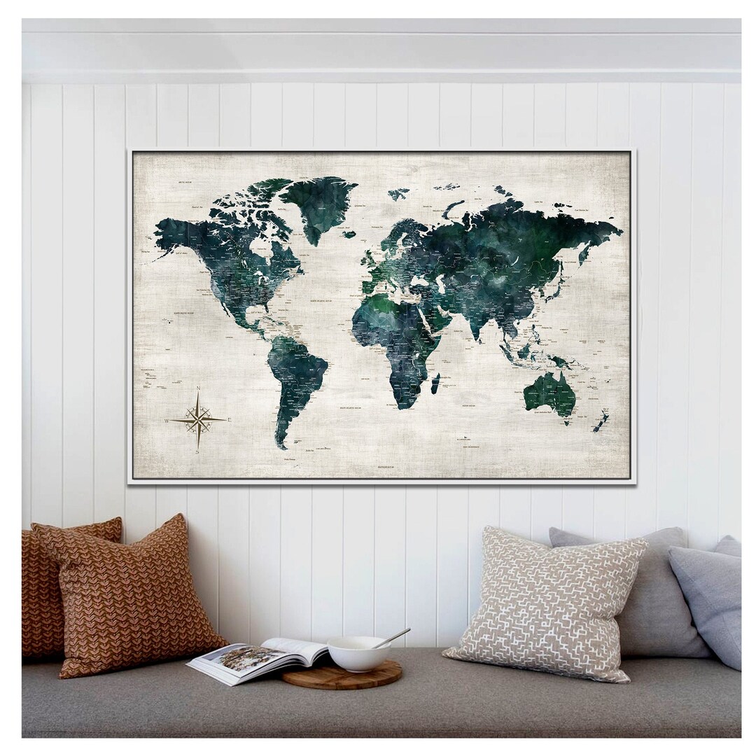 Framed Canvas Push Pin Map, Farmhouse Wall Art, Customized World Map ...