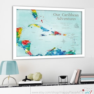 Caribbean Push Pin Map, Pretty Travel Map, Personalized Bucket List Map ...