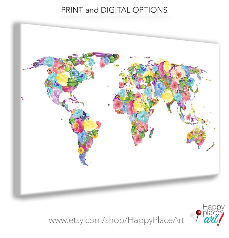 Large Watercolor Flower World Map Feminine art print world | Etsy