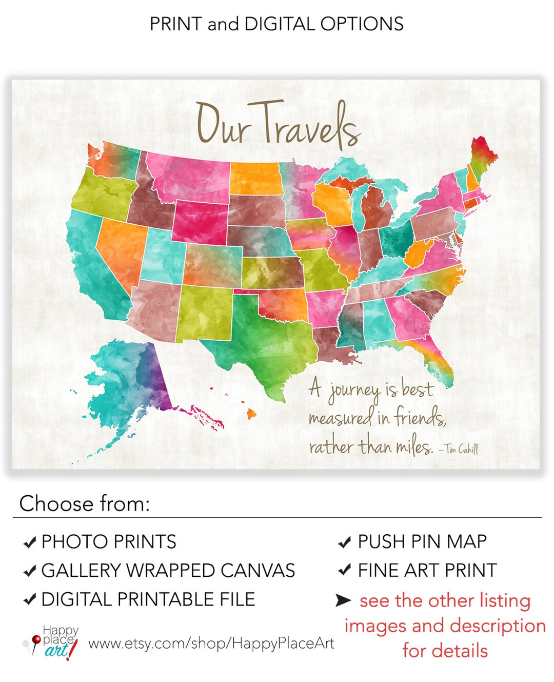 Personalised Large USA Map. Coloful Map of the USA, Custom Quote U.S ...