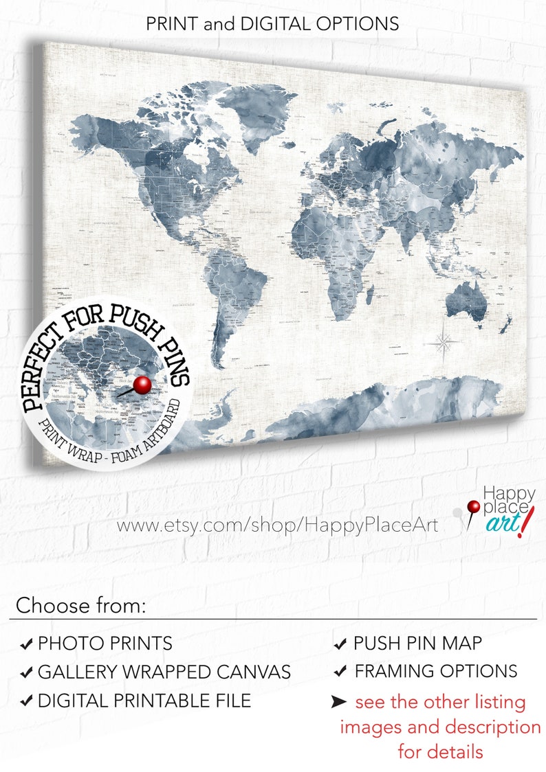 Muted Blue Gray World Map With Cities Large Watercolor Map in | Etsy