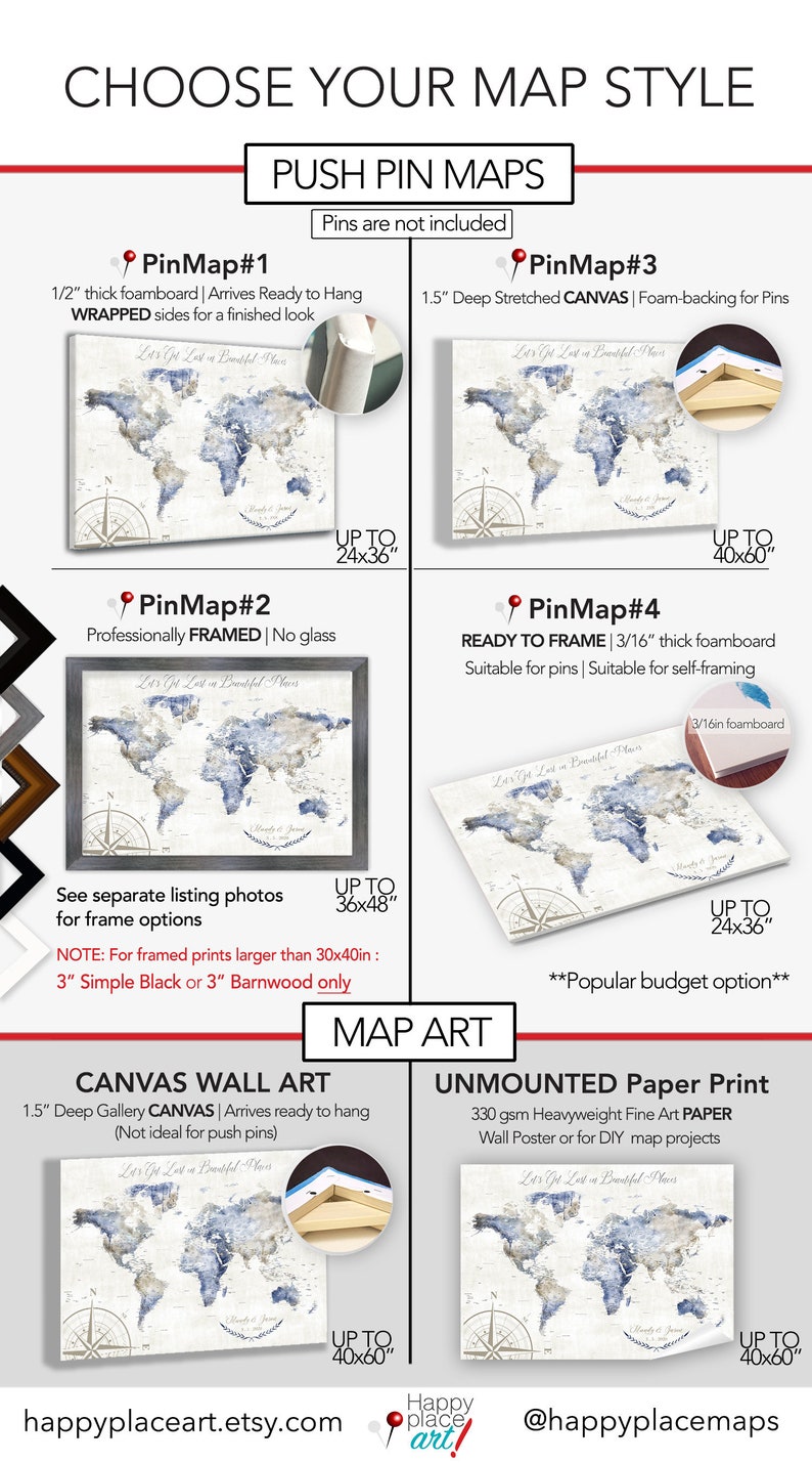 Large Push Pin Map Canvas Poster or World Map Print for | Etsy