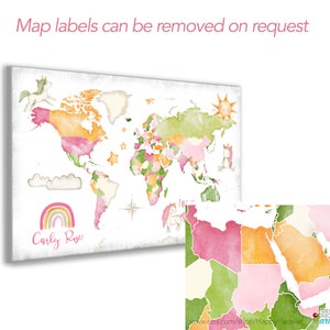 Personalized World Map for Nursery, Children's Wall Map, Unicorns ...