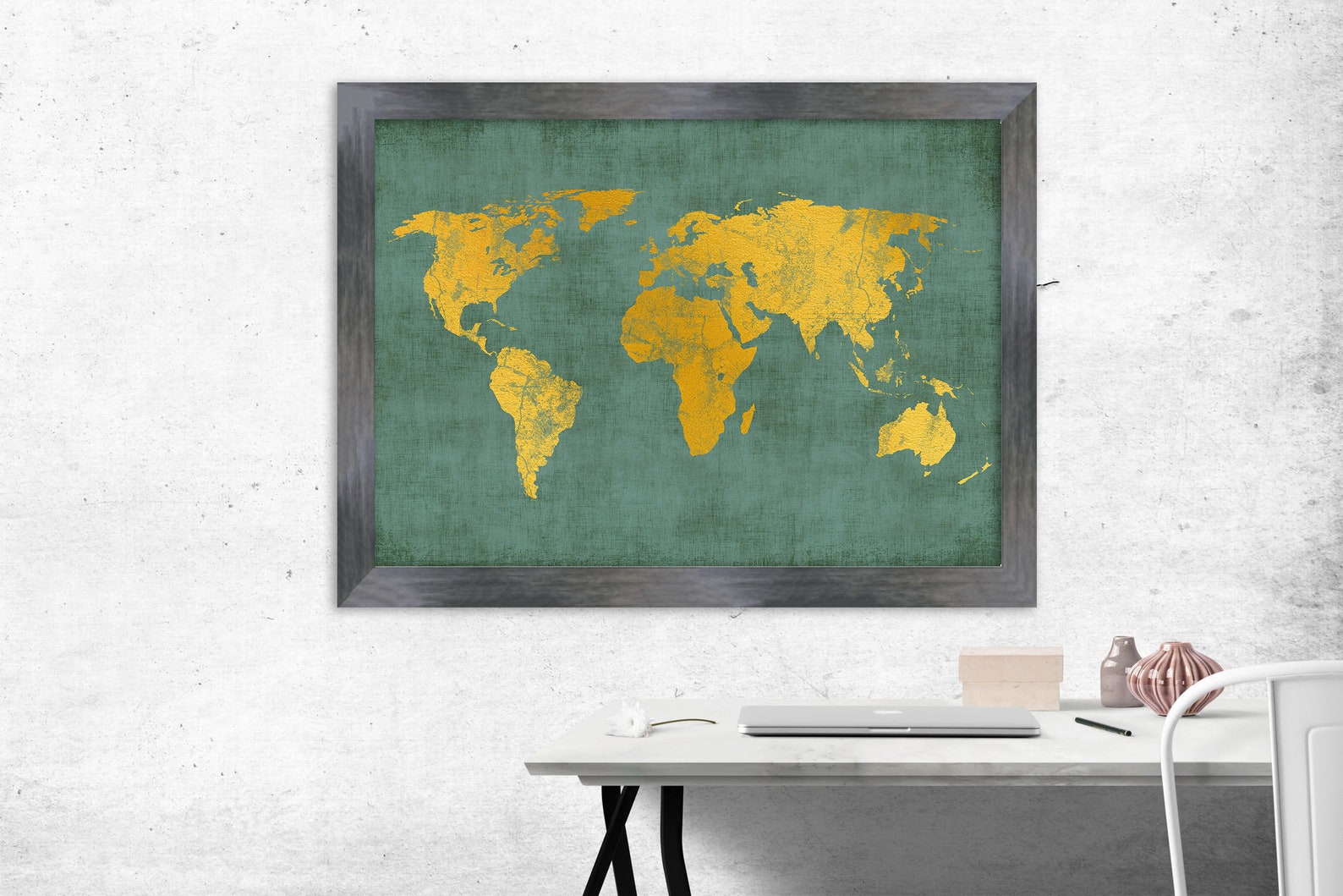 Large Gold World Map Gold Foil Style Dark Green Dorm Study | Etsy