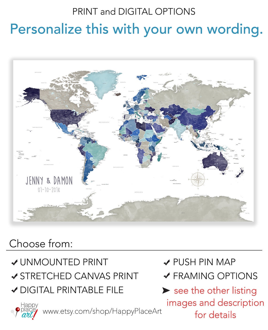 World Map Wall Art Foam Pin Board Map Canvas or Poster. Use Pins to ...
