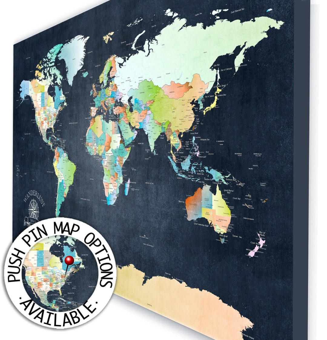 Wanderlust Push Pin Map for Pinning World Travels, Personalized Gift ...