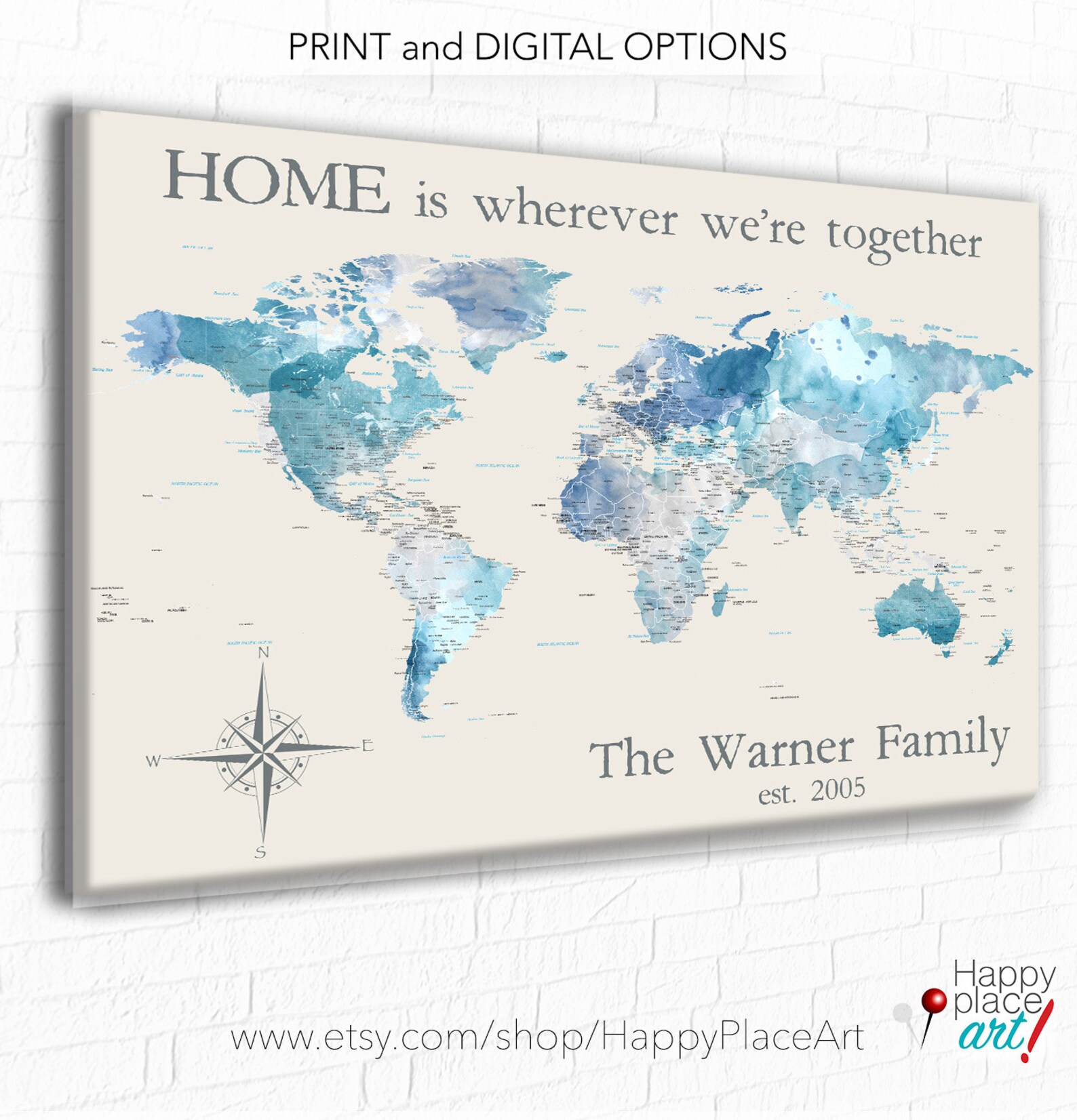 Large Family Travel World Map, Push Pin Map, Personalized Text Canvas ...