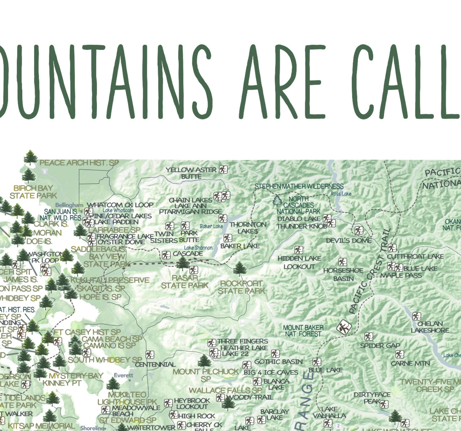 Detailed Washington Hiking Map With Parks and Trails, Mountains of WA ...