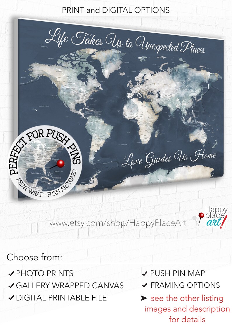 World Map Wall Art With Personalised Text Neutral Color Map | Etsy