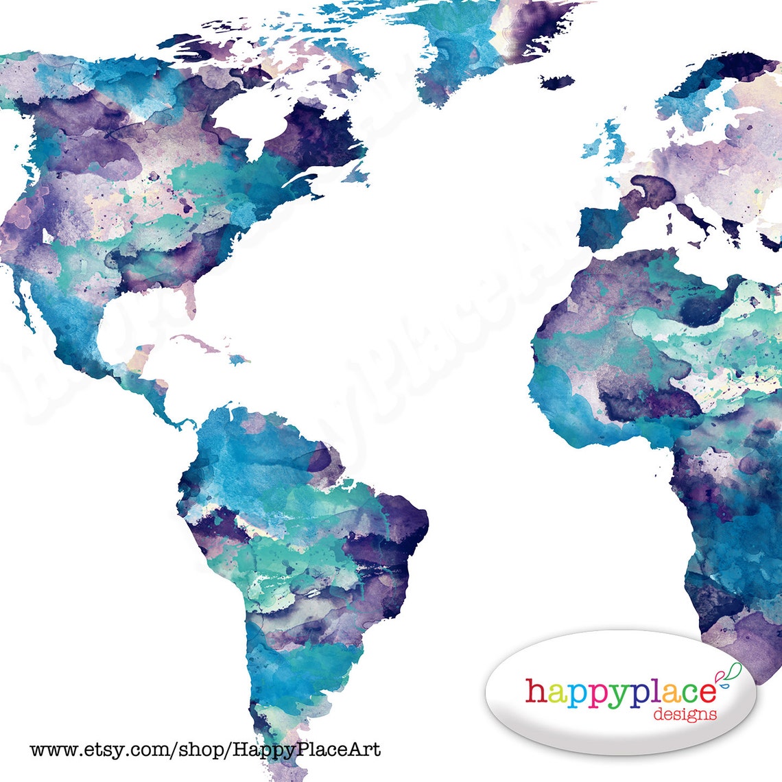 Dark Blue Aqua and Purple Watercolor World Map Poster Print. | Etsy