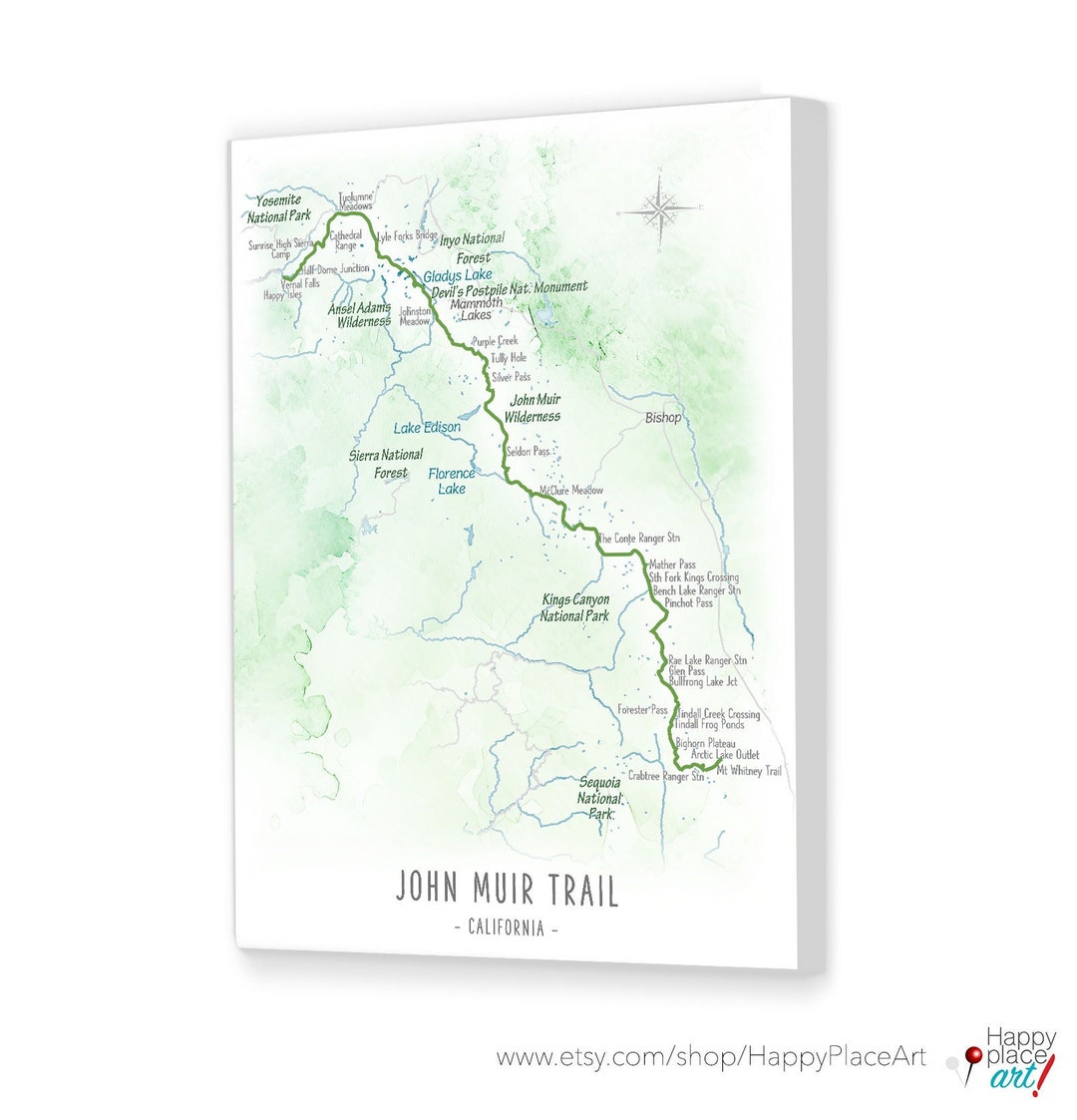 John Muir Hiking Trail Map, Exploring California Hiker Map Print ...