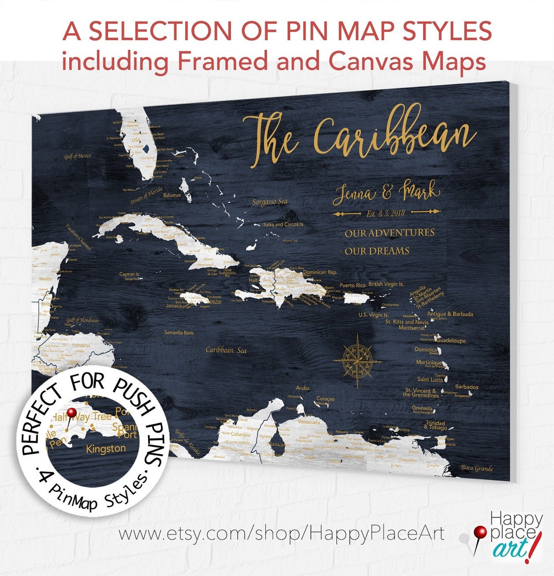 Push Pin Map of Caribbean, Personalized Canvas Caribbean Map for Pins ...