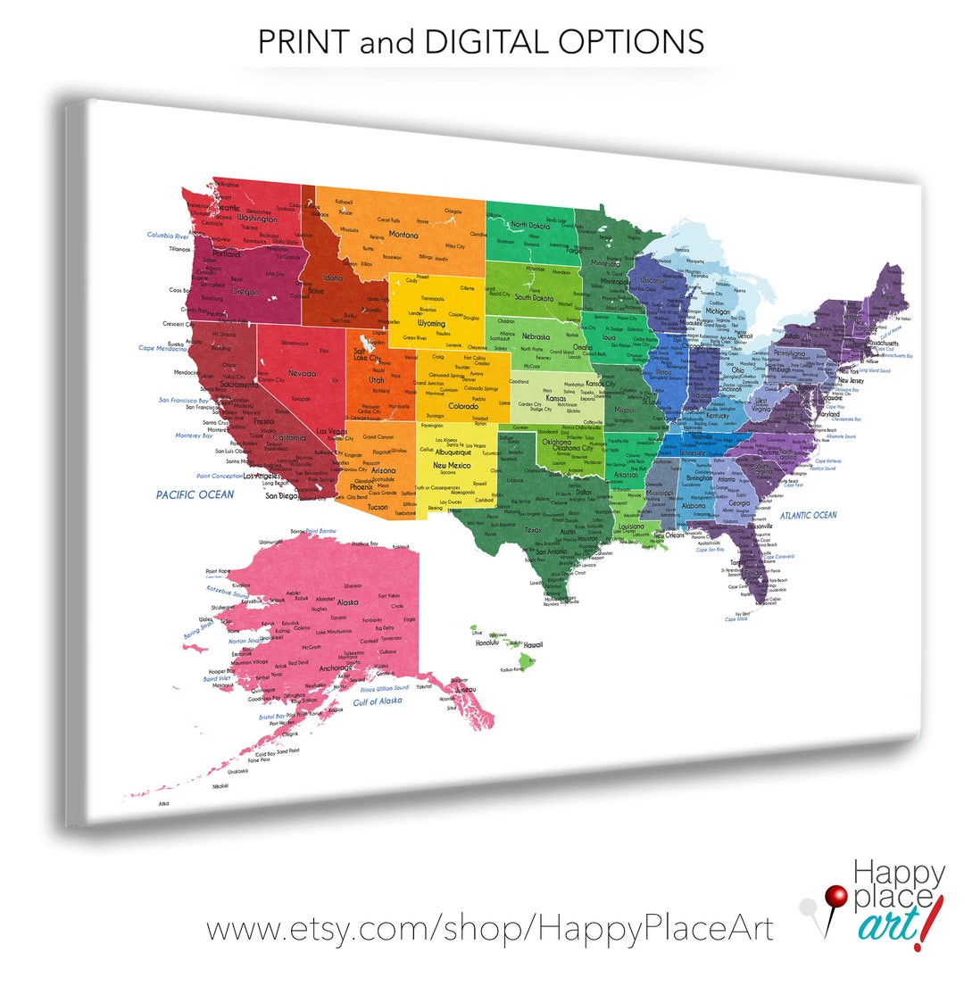 Bright Rainbow Color United States Map, US Map Canvas, Family Travel ...
