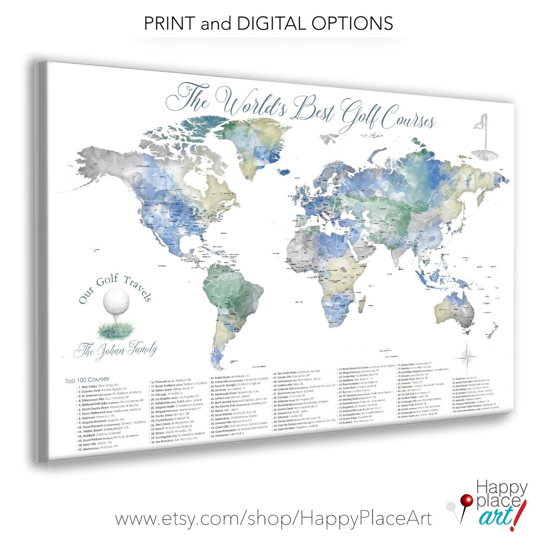 Large Golf Course Print, Map of World Best Golf Locations, Push Pin Map ...