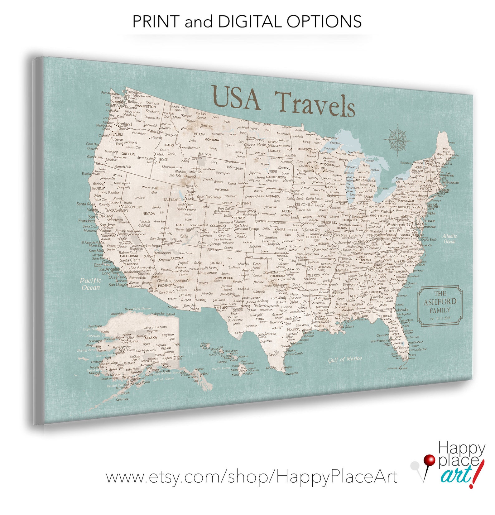 Modern USA Map With Vintage Look Detailed USA Cities for Push - Etsy