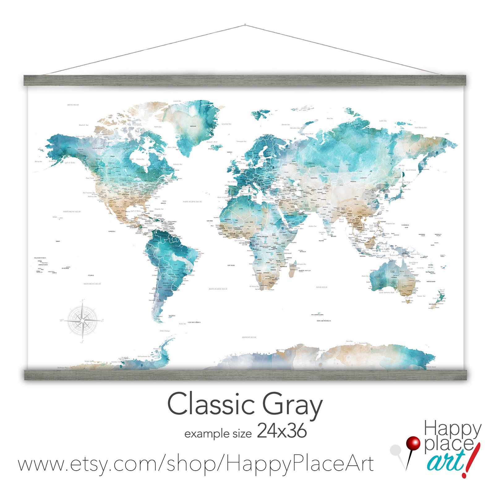 Teal World Canvas Map, Large Wall Map Art Print, Canvas Map of the ...