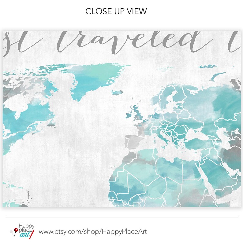 Aqua and Gray Turquoise World Map With Personalised Message. | Etsy