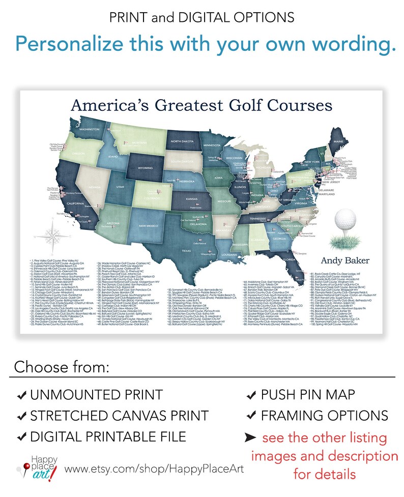 Top 100 Golf Courses Map of USA, Gift for Dad, Personalized Golf-themed ...