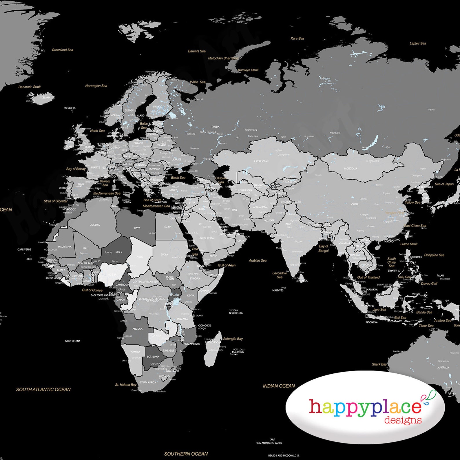 Detailed World Map Download Neutral Colors Grayscale | Etsy