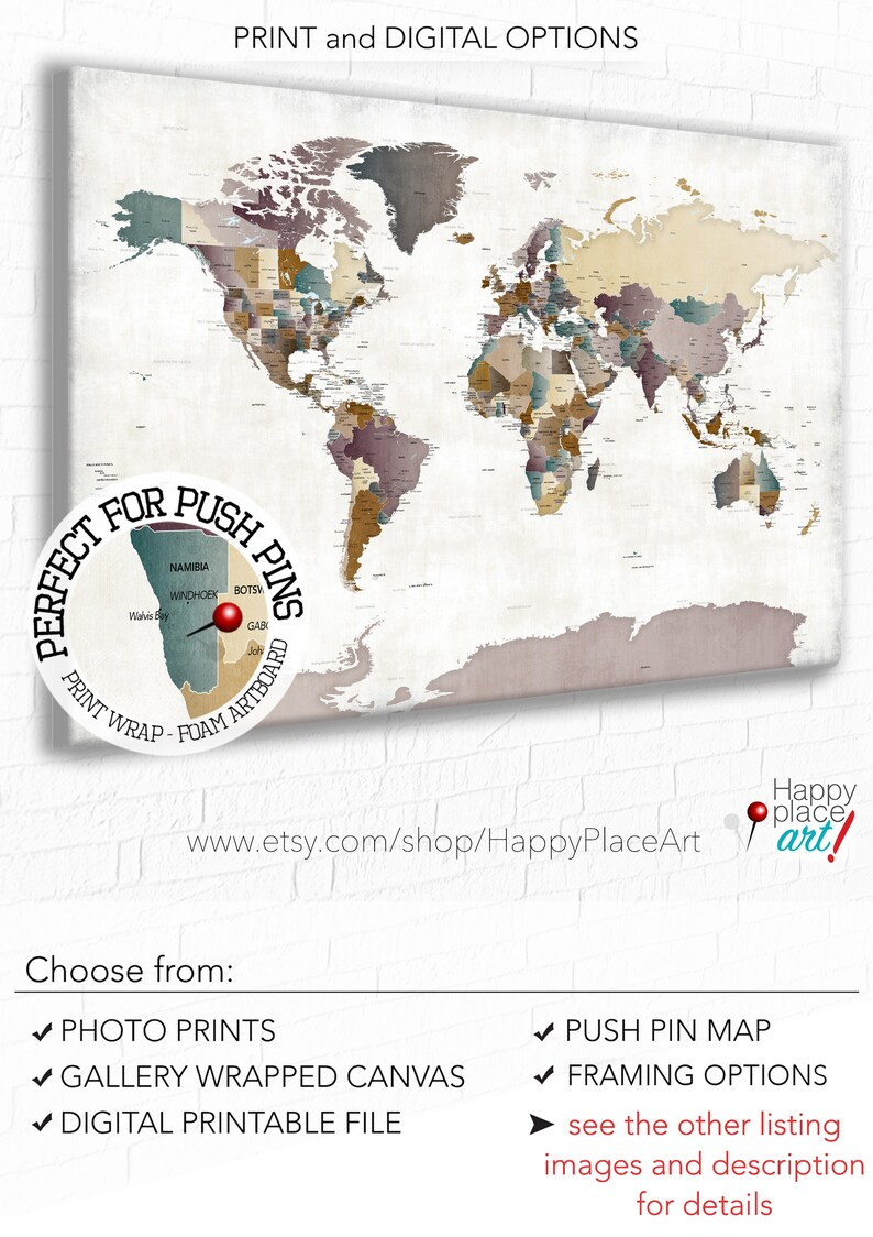 Neutral World Map With Cities Large Personalized Map of the | Etsy