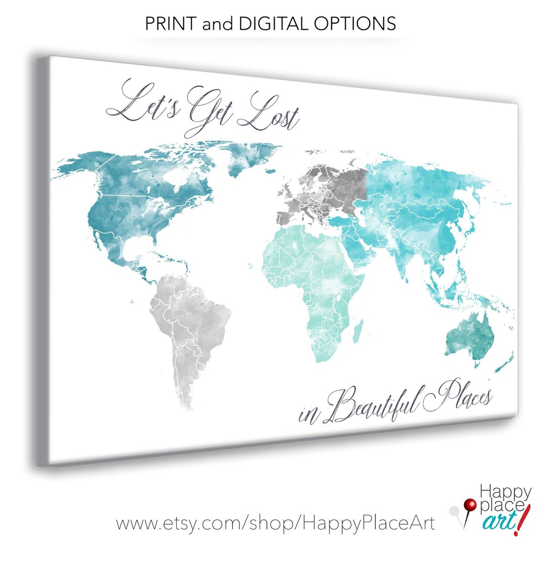 Large World Map Print, Aqua, Turquoise and Green, Watercolor Map ...